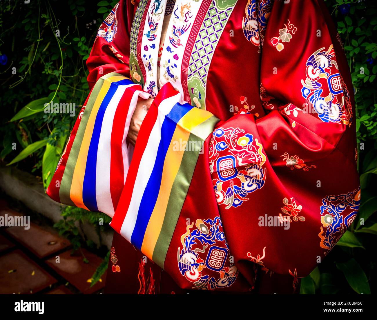 Red Royal Gown with color stripes Stock Photo - Alamy