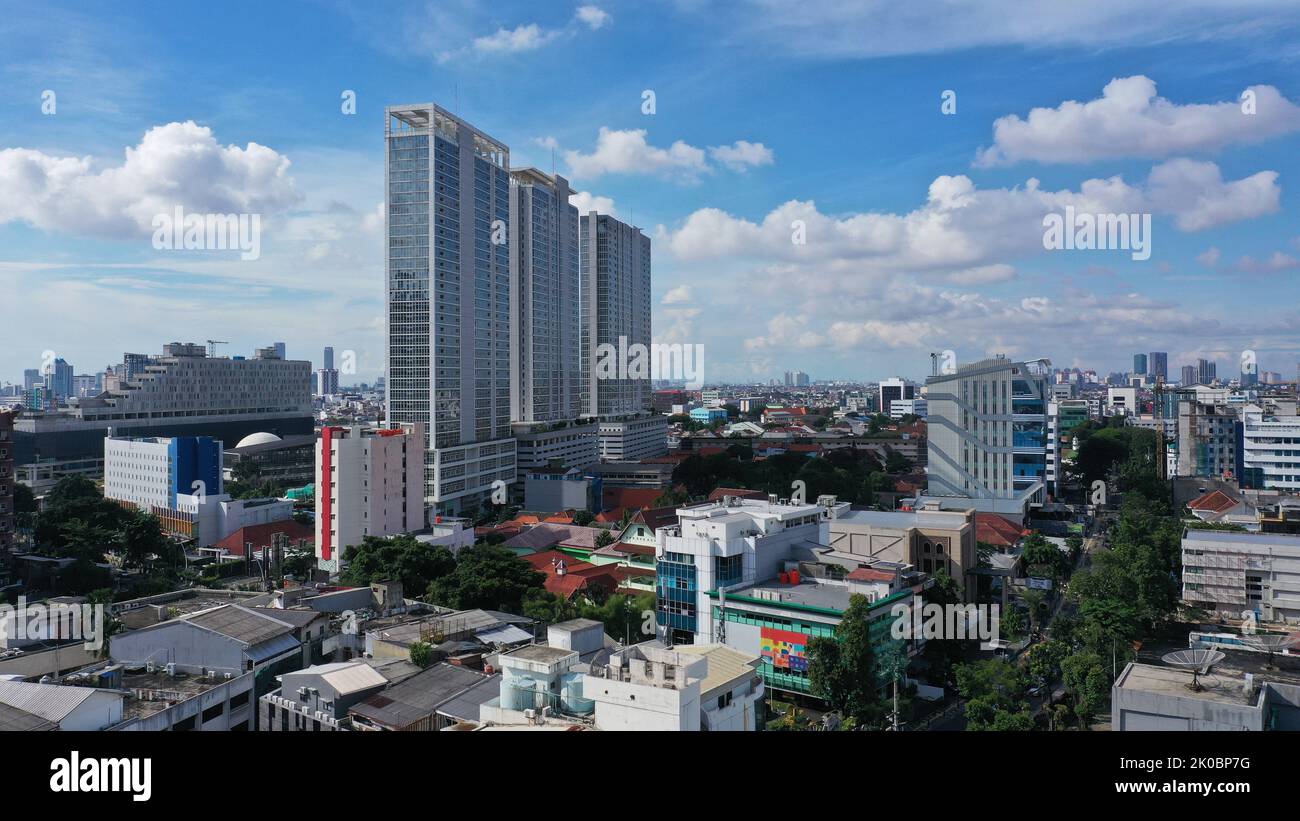 Aerial Photography with Camera drone landscape of Jakarta city blue sky ...