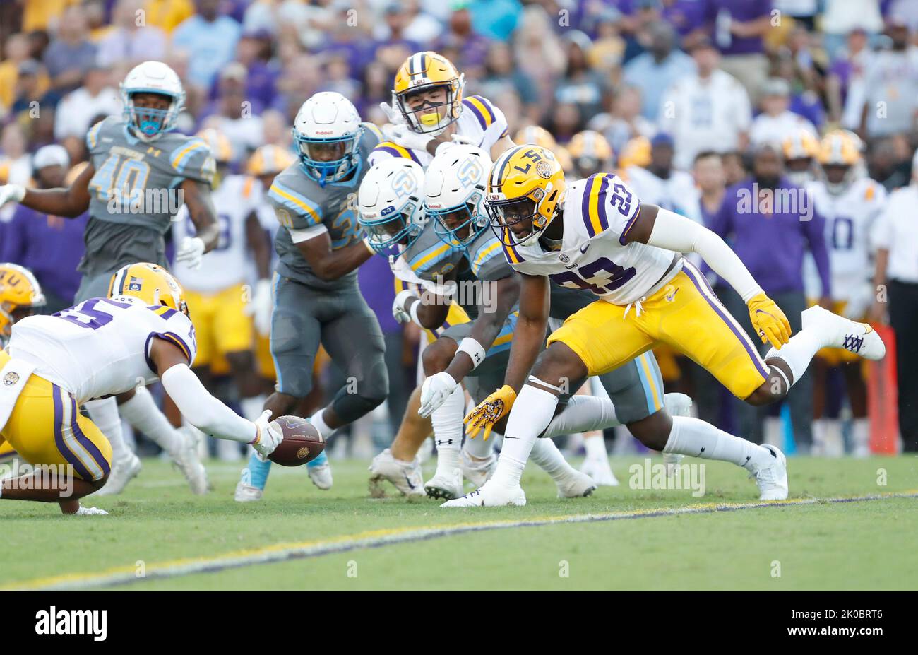 LSU Tigers safety Sage Ryan (15) recovers a fumble of the opening ...