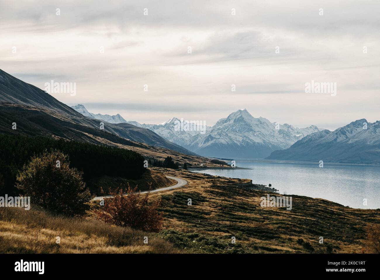 View of the majestic Aoraki Mount Cook with the road leading to Mount ...