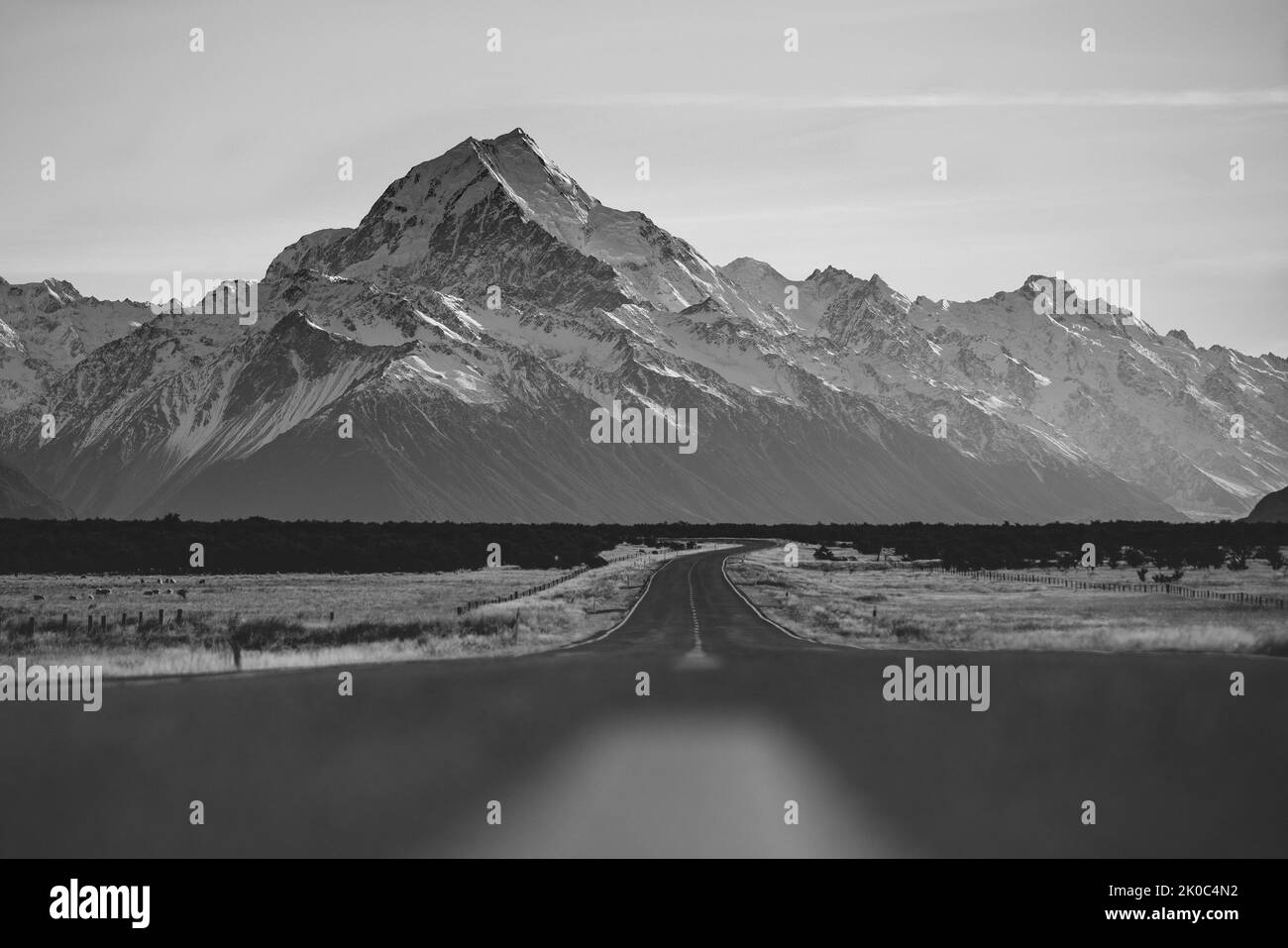 View of the majestic Aoraki Mount Cook with the road leading to Mount ...