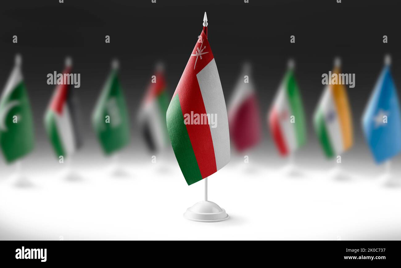 The national flag of the Oman on the background of flags of other ...