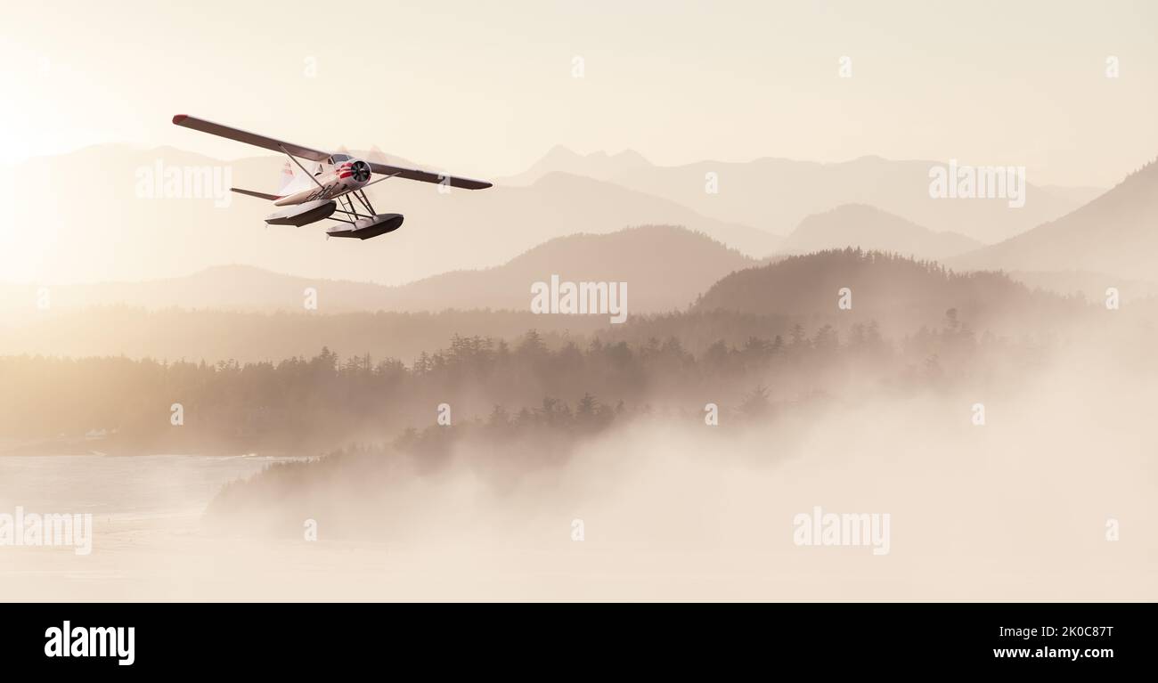 Seaplane Flying over the West Coast Pacific Ocean. Adventure Composite ...