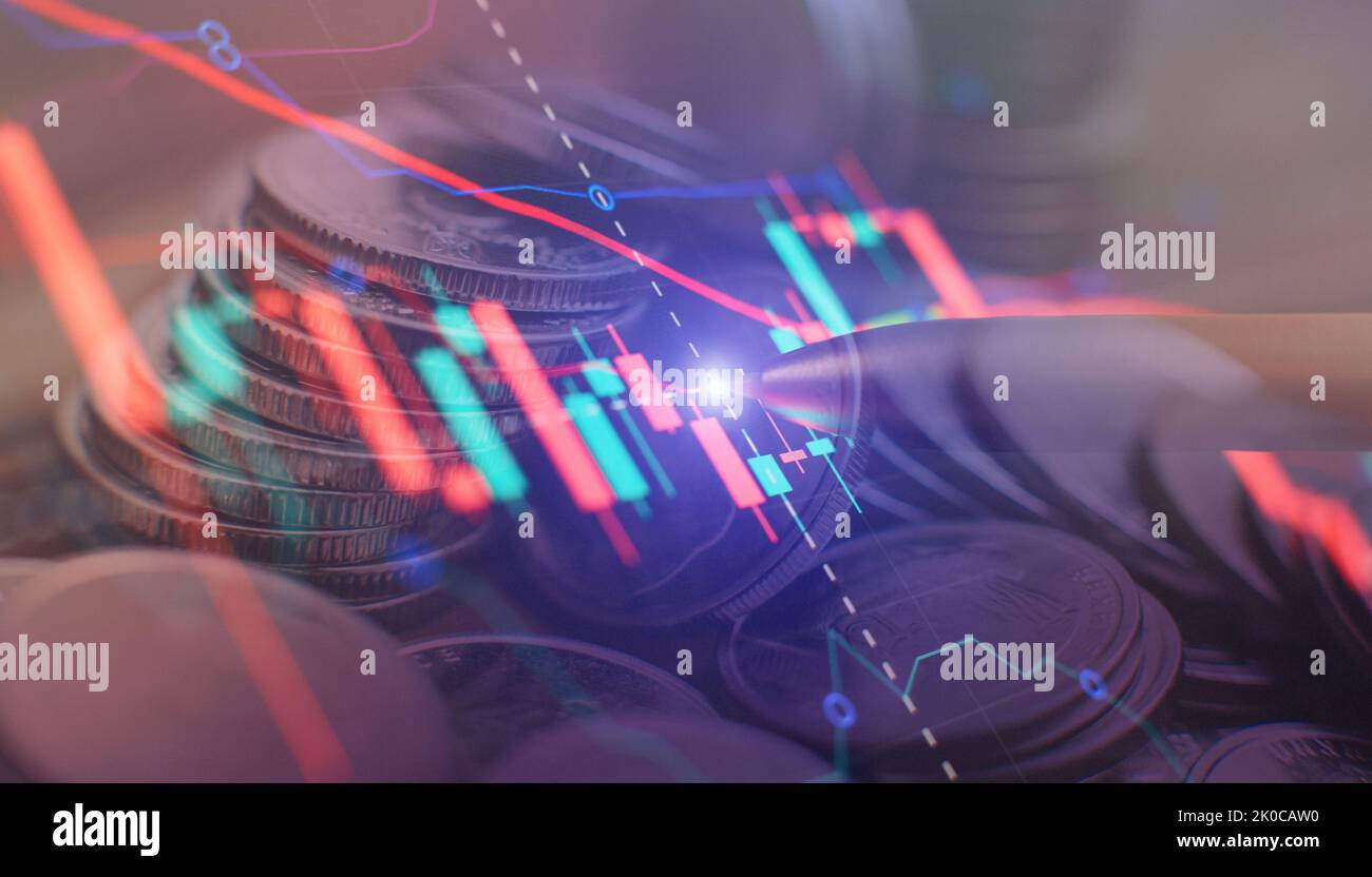 Double exposure of city night and stack of coins for finance investor ...