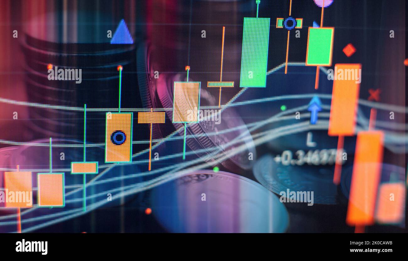 Double exposure of city night and stack of coins for finance investor ...