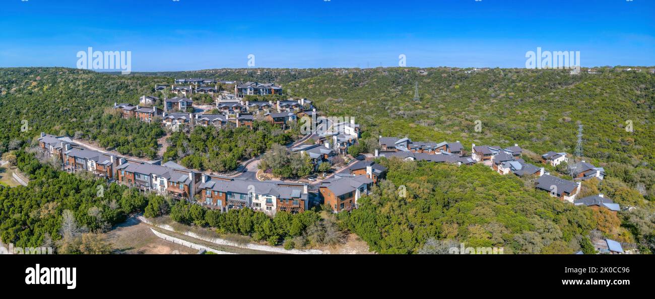 Panorama in an aerial view of an apartment complex buildings in Austin ...