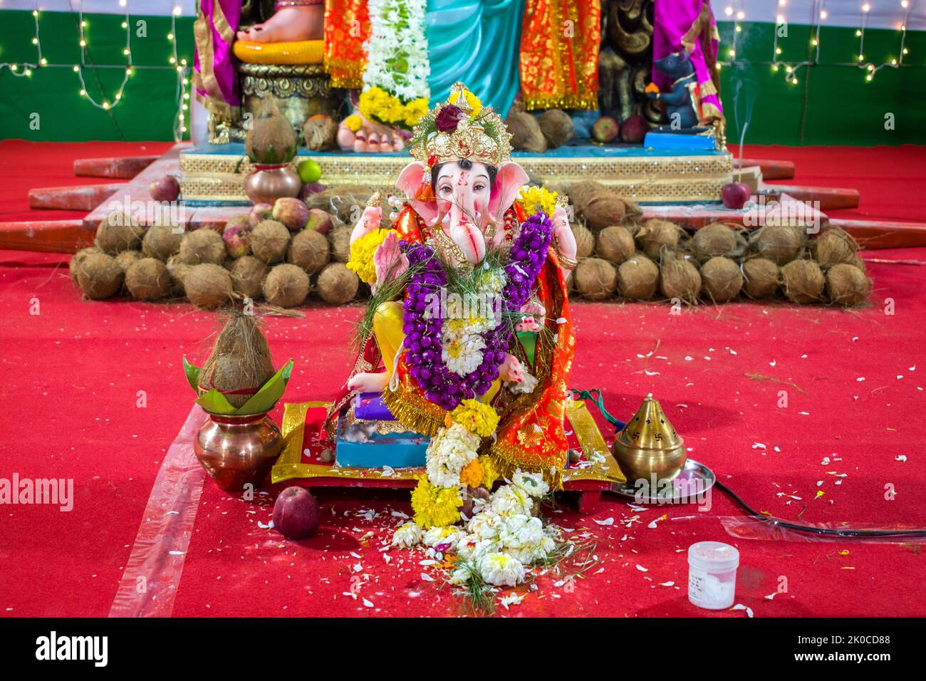 A statue of Lord Ganesh at a mandal in Mumbai for the auspicious Indian ...