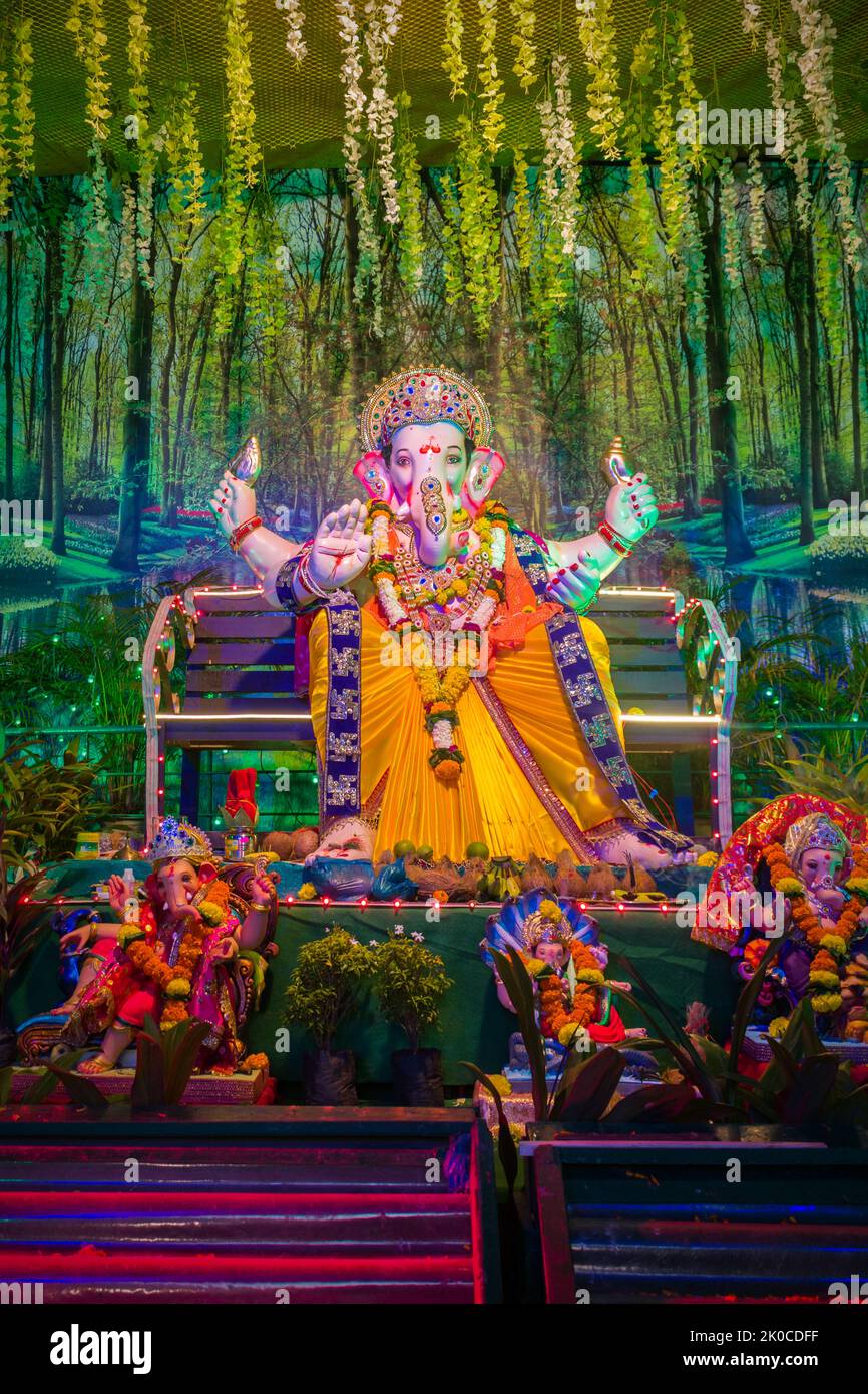 A statue of Lord Ganesh at a mandal in Mumbai for the auspicious Indian ...