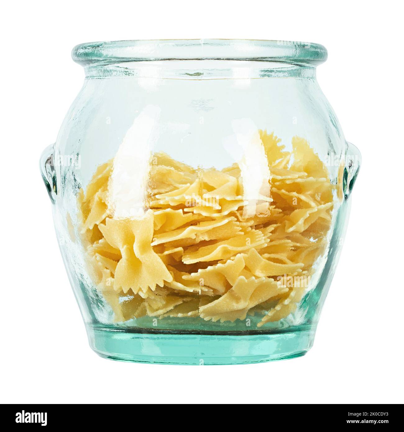 Dry Italian pasta macaroni bows farfalle in glass jar isolated on white ...