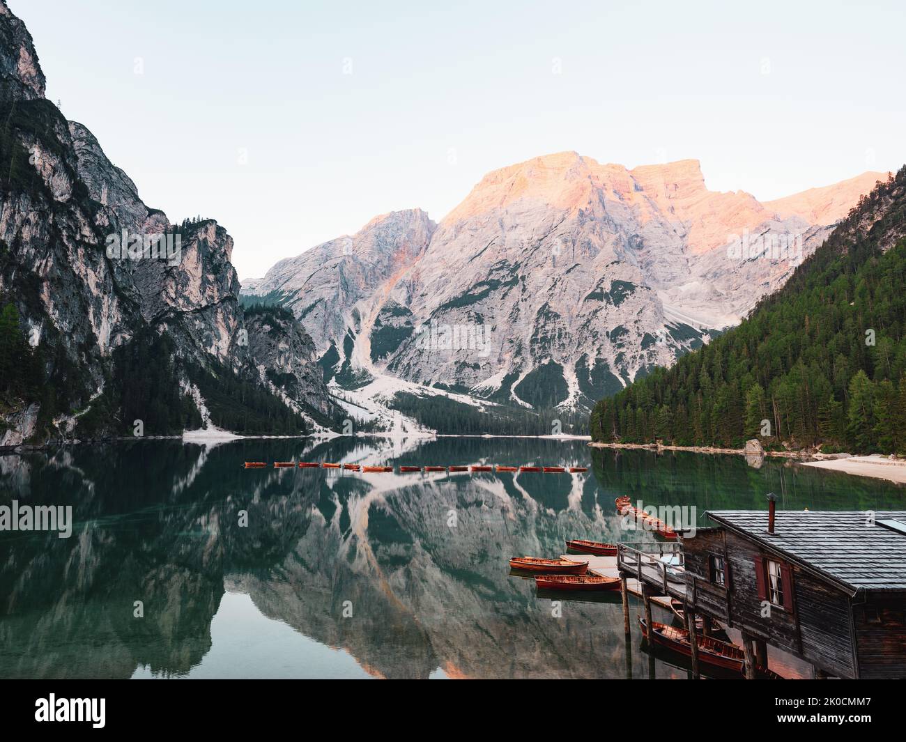 Stunning view of the Lake Braies (Lago di Braies, Pragser Wildsee) with ...