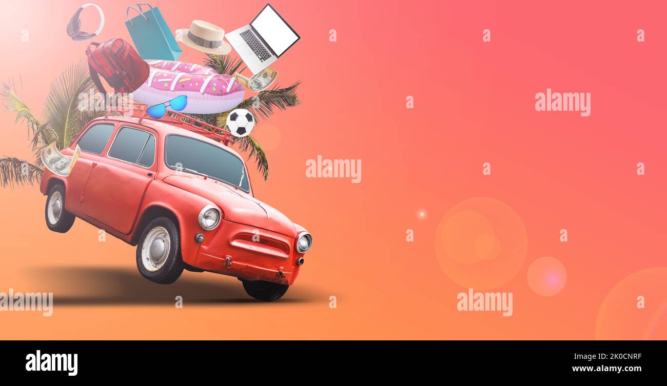 Banner Summer Travel Time Overloaded Luggage Car and Pink Straw Hat ...