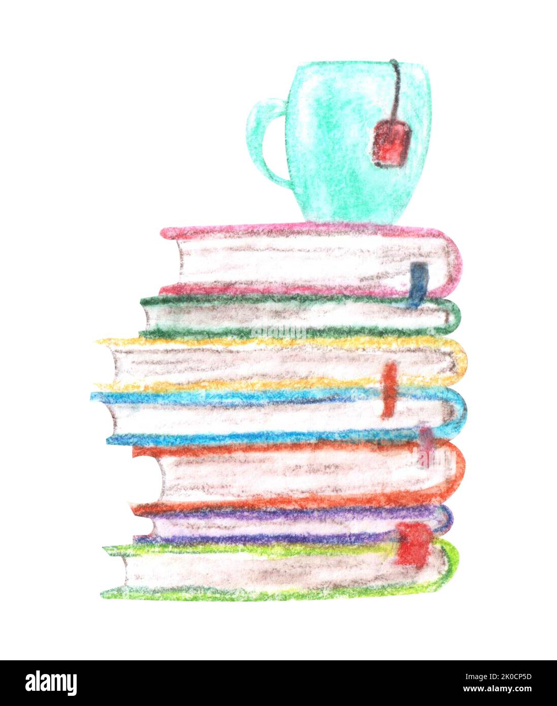 A stack of books drawn with watercolor pencils, highlighted on a white ...