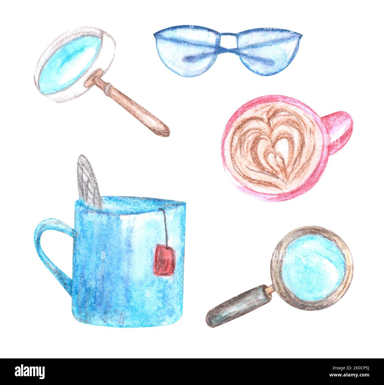 A set of elements - glasses, magnifying glass, cups with drinks painted ...