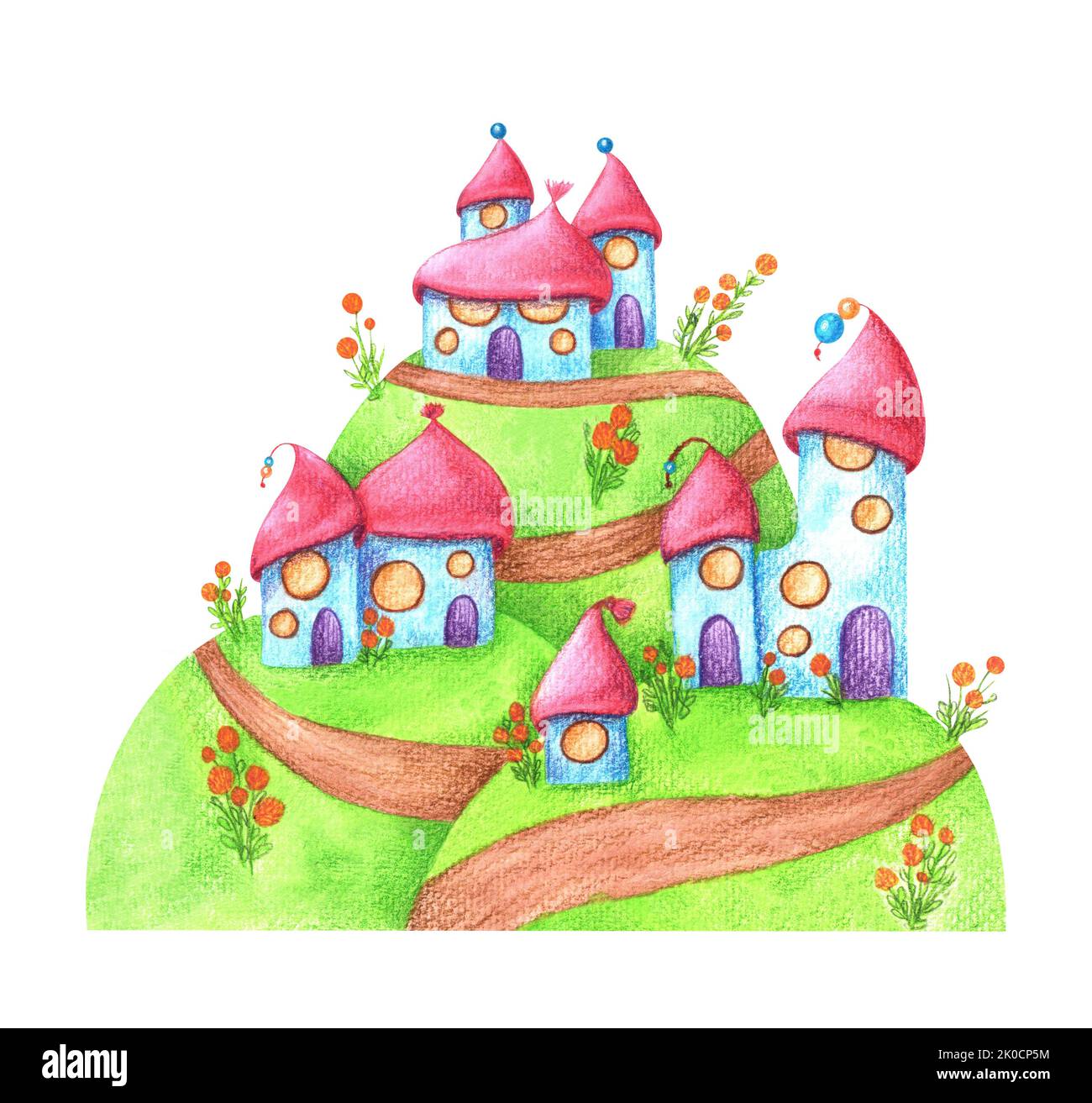 An illustration of a cute town with small houses on the hills painted ...