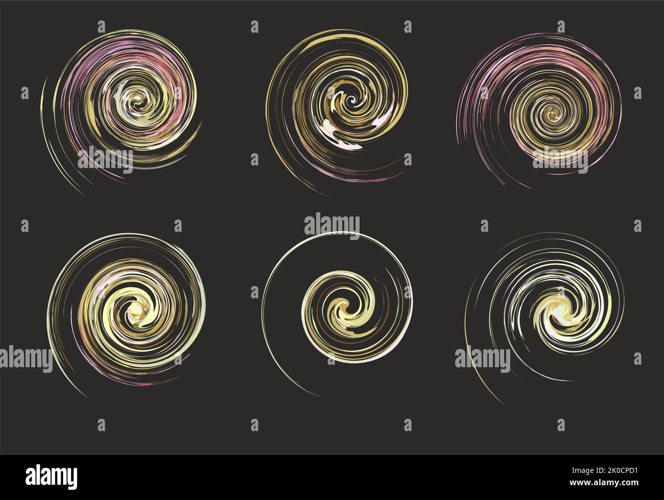 Swirl symbols in yellow-pink-golden tonality. Spiral shapes on black ...