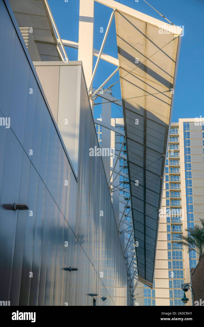 Downtown Phoenix, Arizona- Wall of a building with metal pad cladding ...