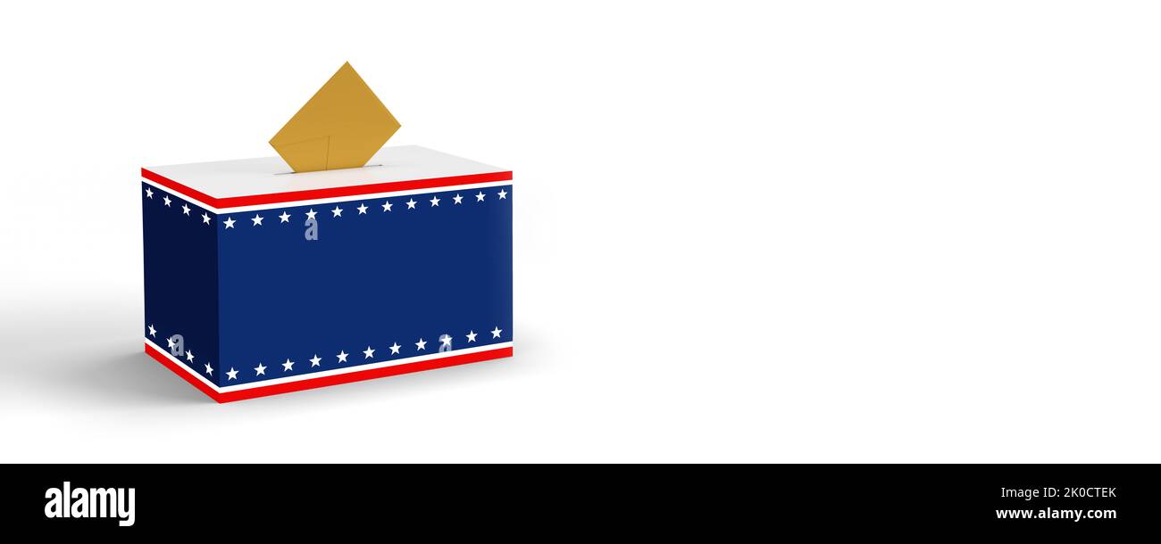 Brown voting envelope into American retro style ballot box on white ...