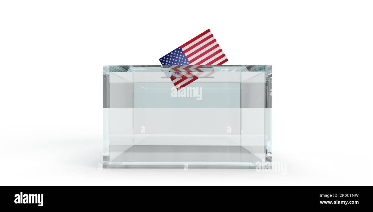 Voting envelope in US American flag design into transparent ballot box ...