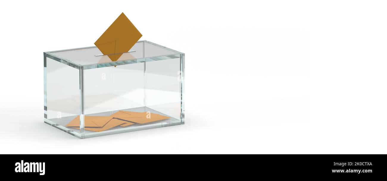 Inserting voting envelope in transparent ballot box, white background ...