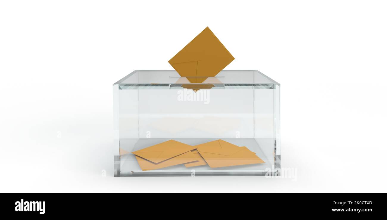 Inserting voting envelope in transparent ballot box, white background ...