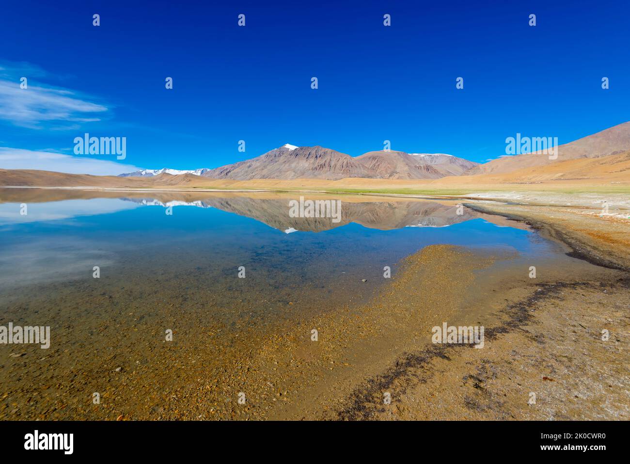 A reflection of the snow capped Himalayan mountain range in one of the ...