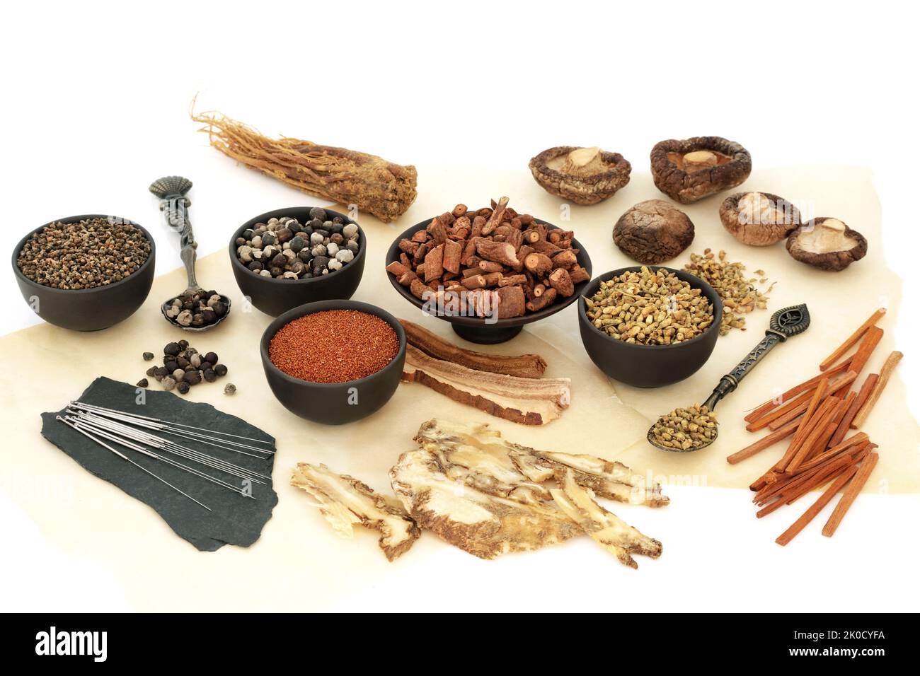 Natural Chinese alternative acupuncture therapy with needles, herbs ...