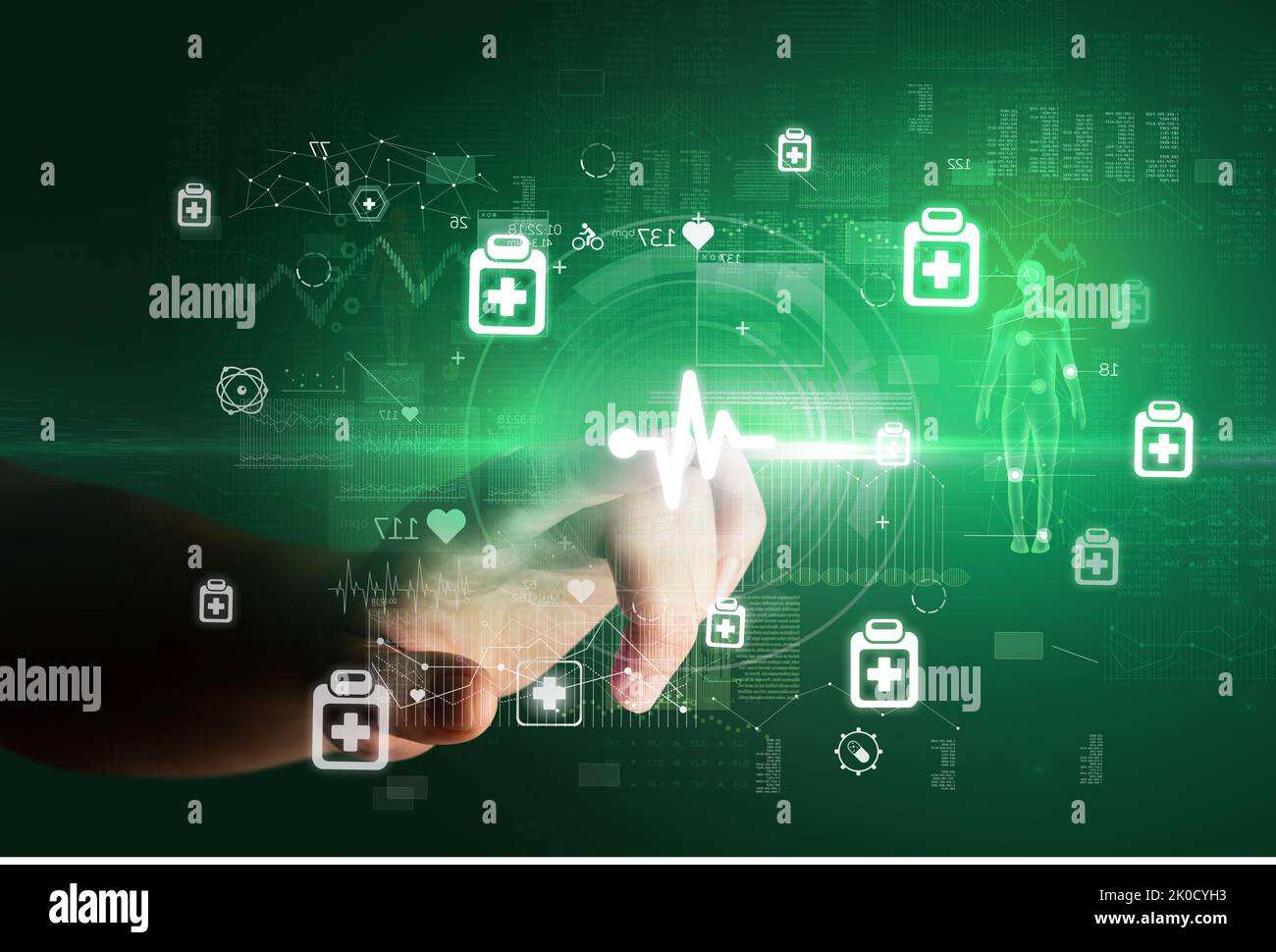 Doctor hand pressing futuristic health device with medical symbol on ...