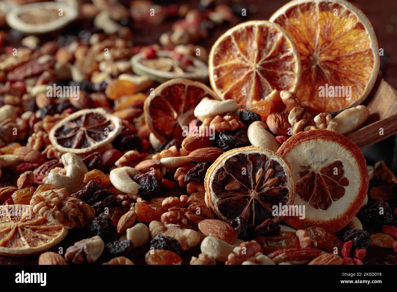 Dried fruits and nuts. Presented raisins, walnuts, almonds, goji ...