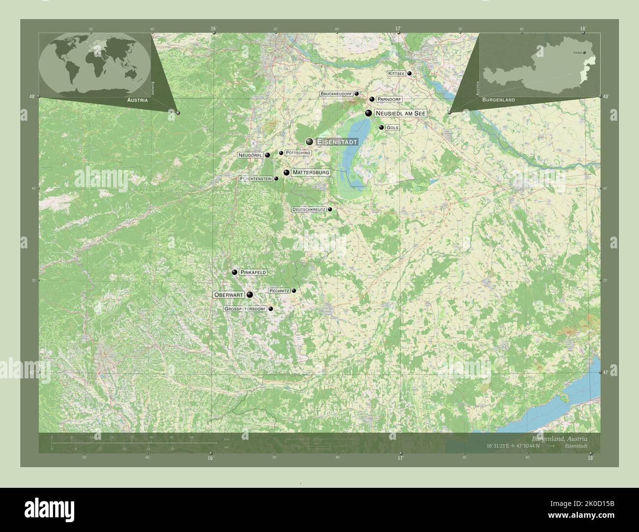 Burgenland, state of Austria. Open Street Map. Locations and names of ...
