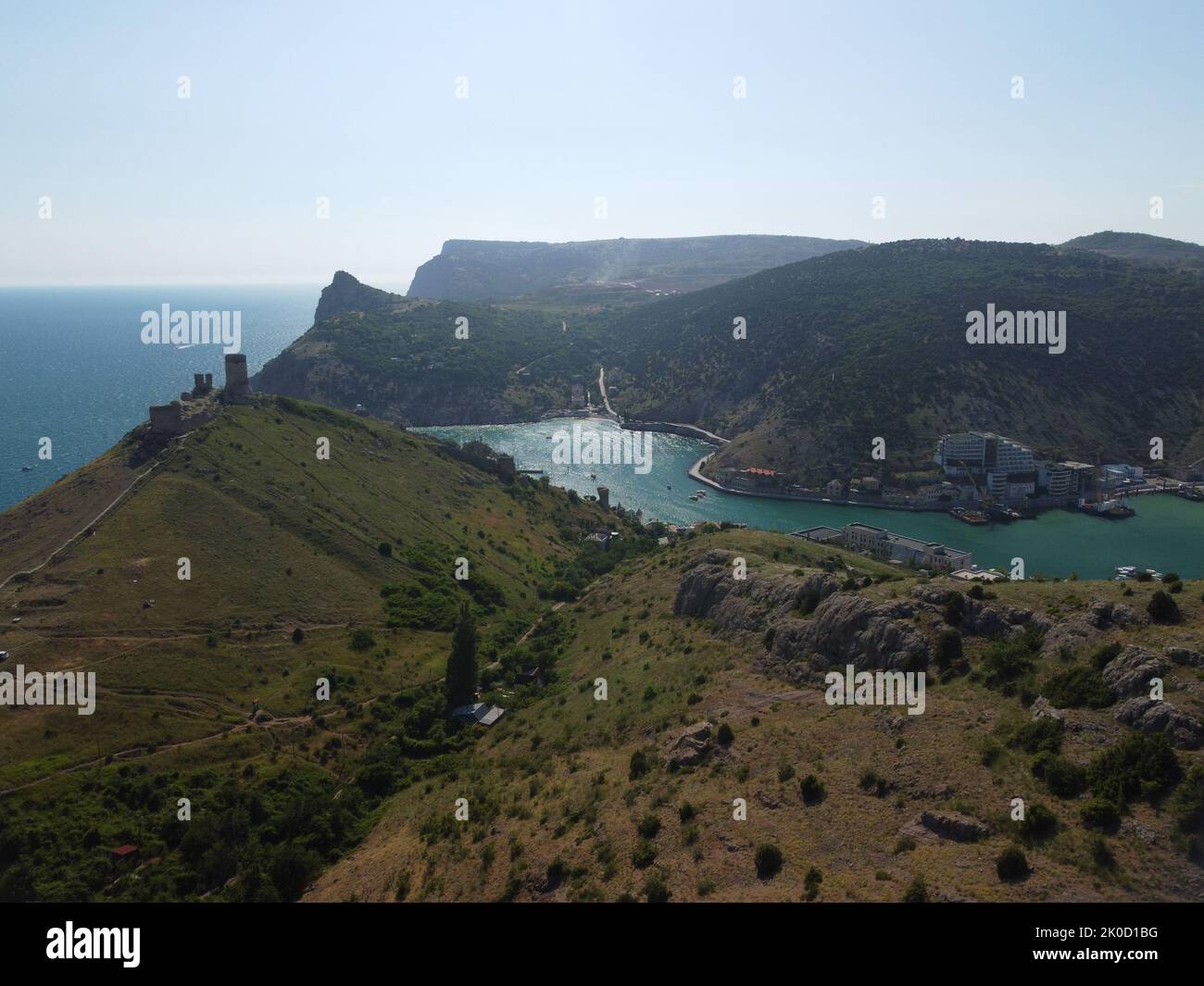 Aerial panoramic view of Balaklava landscape with boats and sea in ...