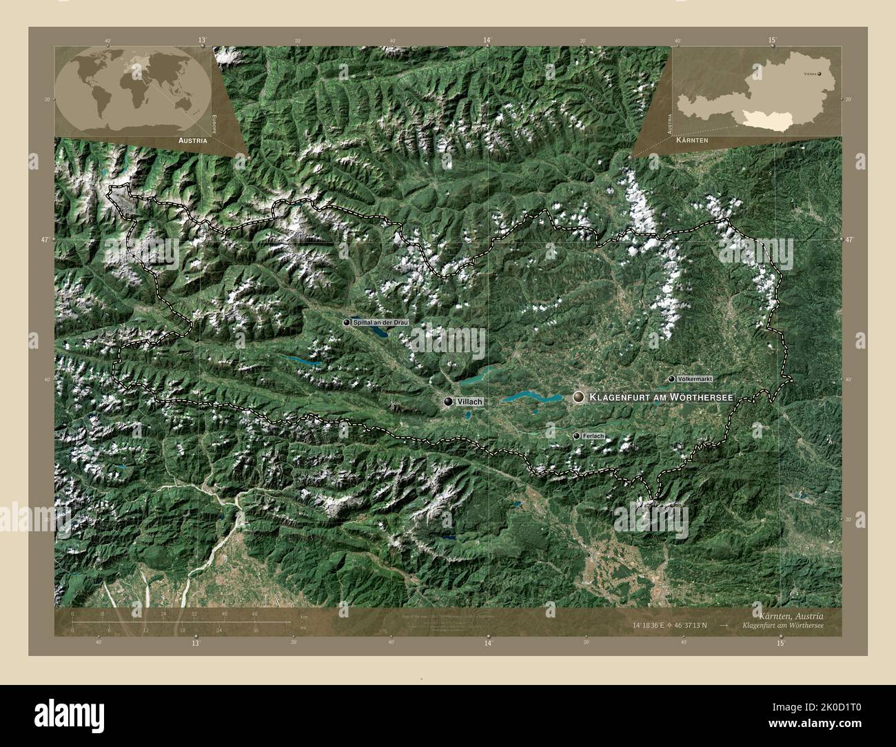 Karnten, state of Austria. High resolution satellite map. Locations and ...