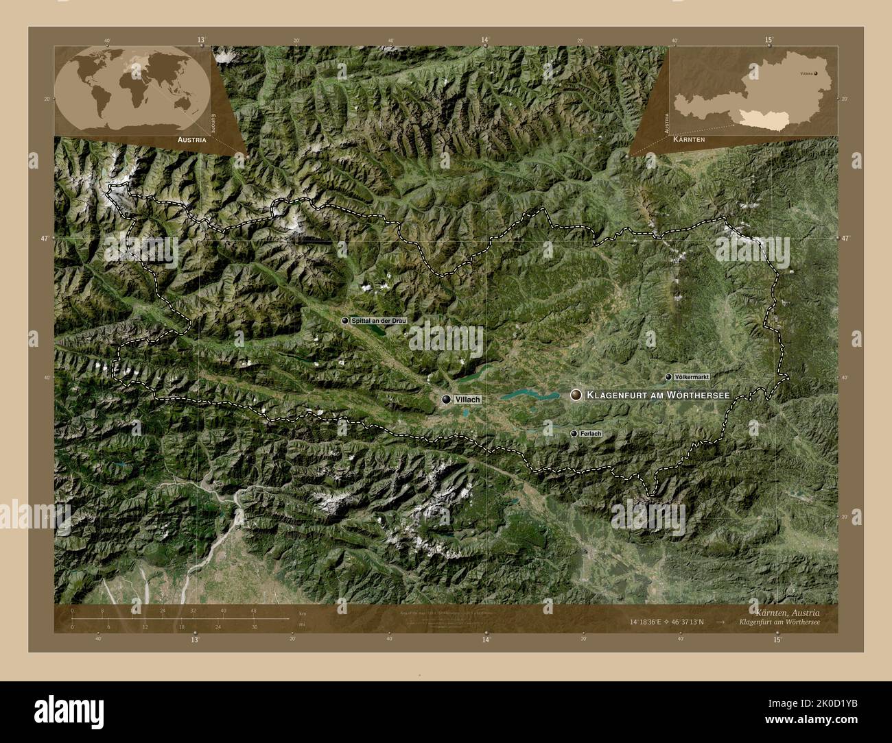 Karnten, state of Austria. Low resolution satellite map. Locations and ...