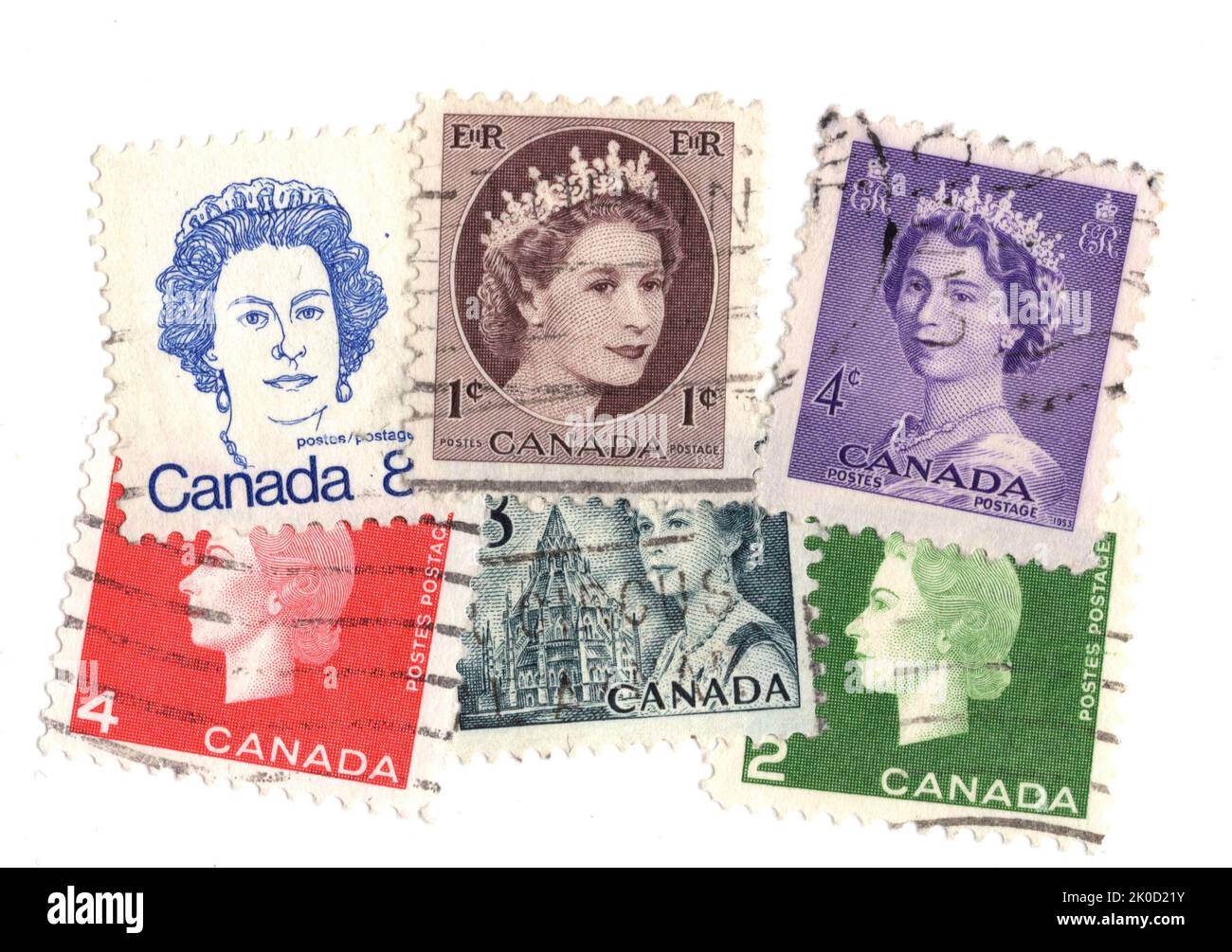 A montage of postage stamps from the Canada featuring Queen Elizabeth ...