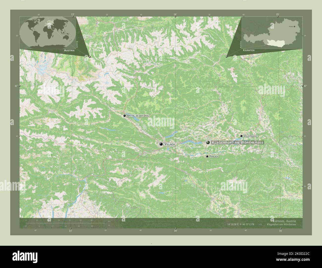 Karnten, state of Austria. Open Street Map. Locations and names of major cities of the region ...