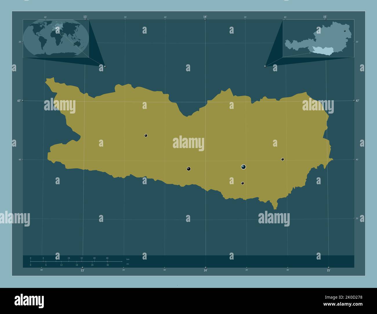 Karnten, state of Austria. Solid color shape. Locations of major cities ...