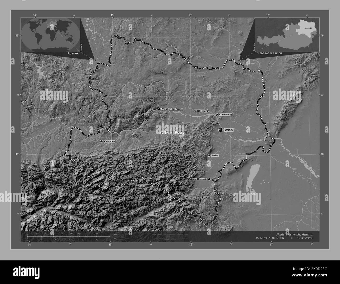 Niederosterreich, state of Austria. Bilevel elevation map with lakes ...