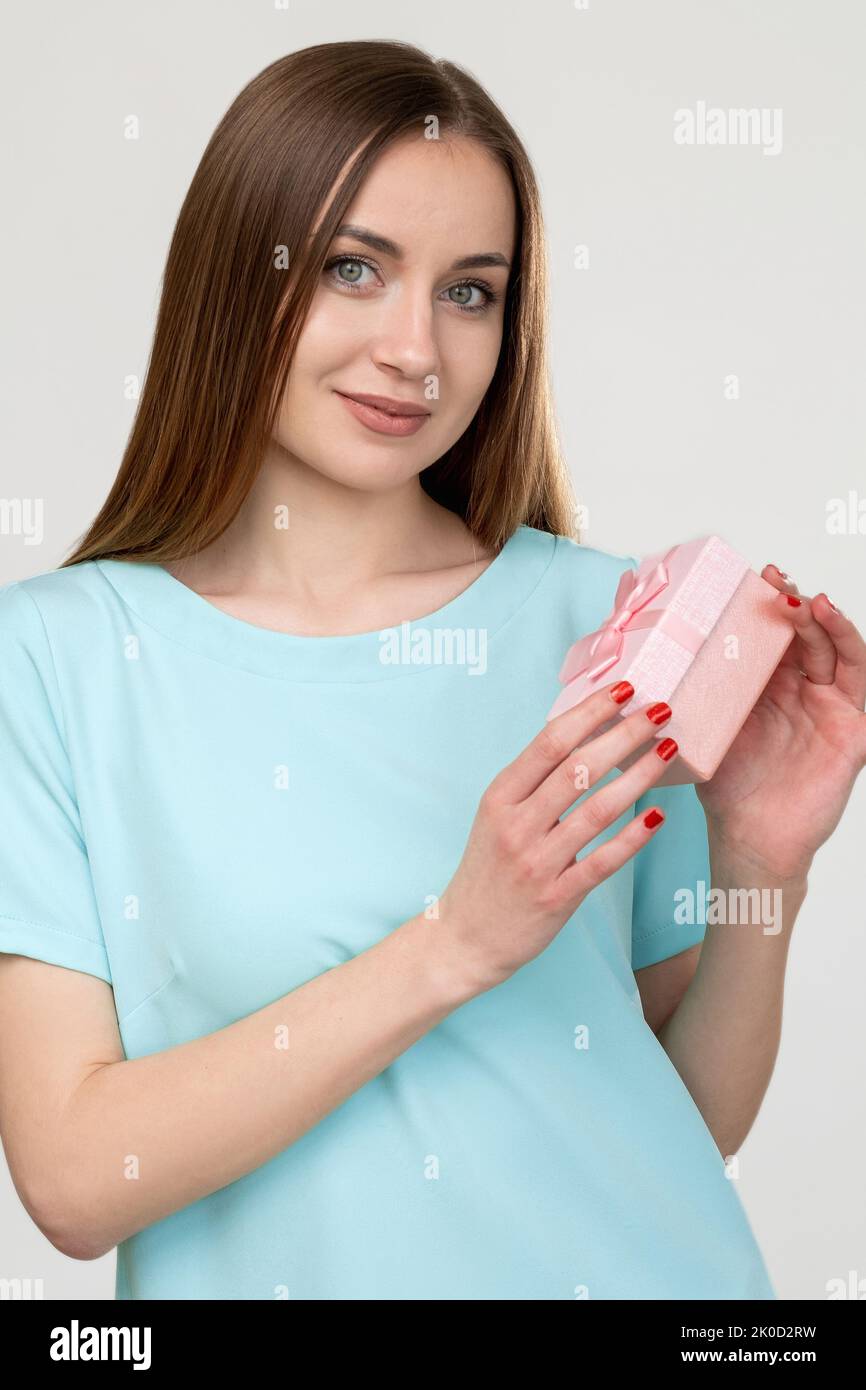 holiday present special offer happy woman gift box Stock Photo - Alamy