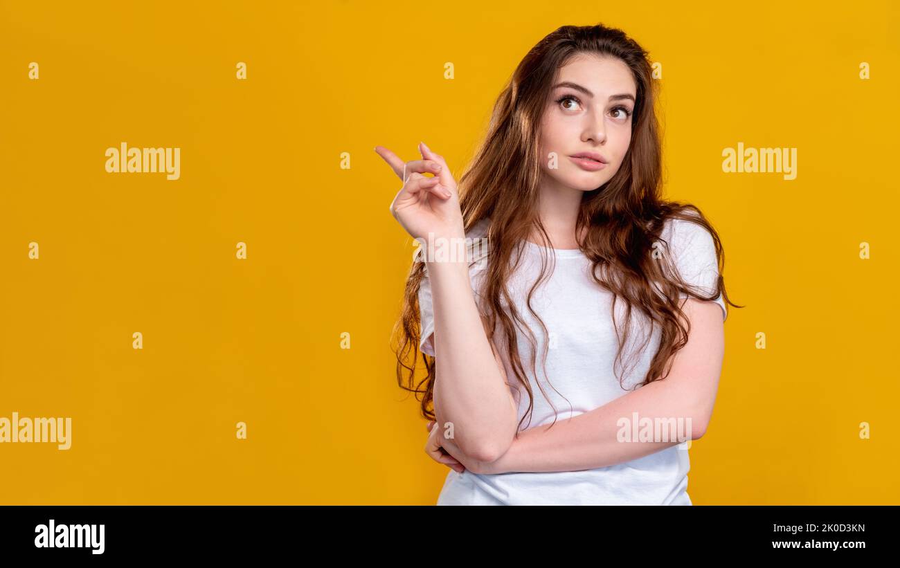 curious woman portrait advertising background Stock Photo - Alamy