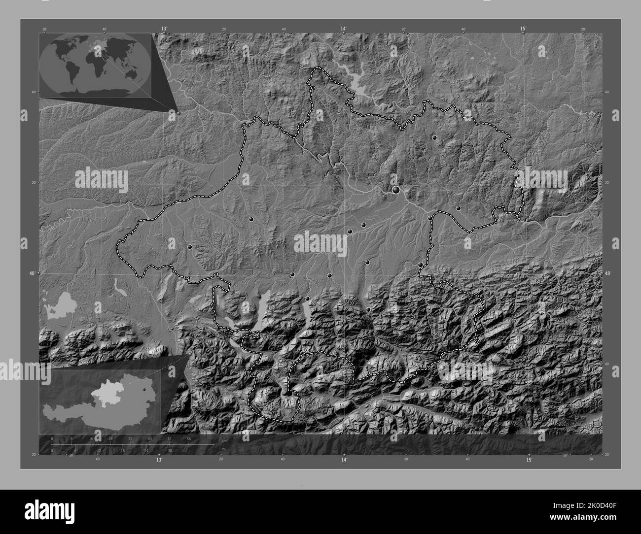 Oberosterreich, state of Austria. Bilevel elevation map with lakes and ...