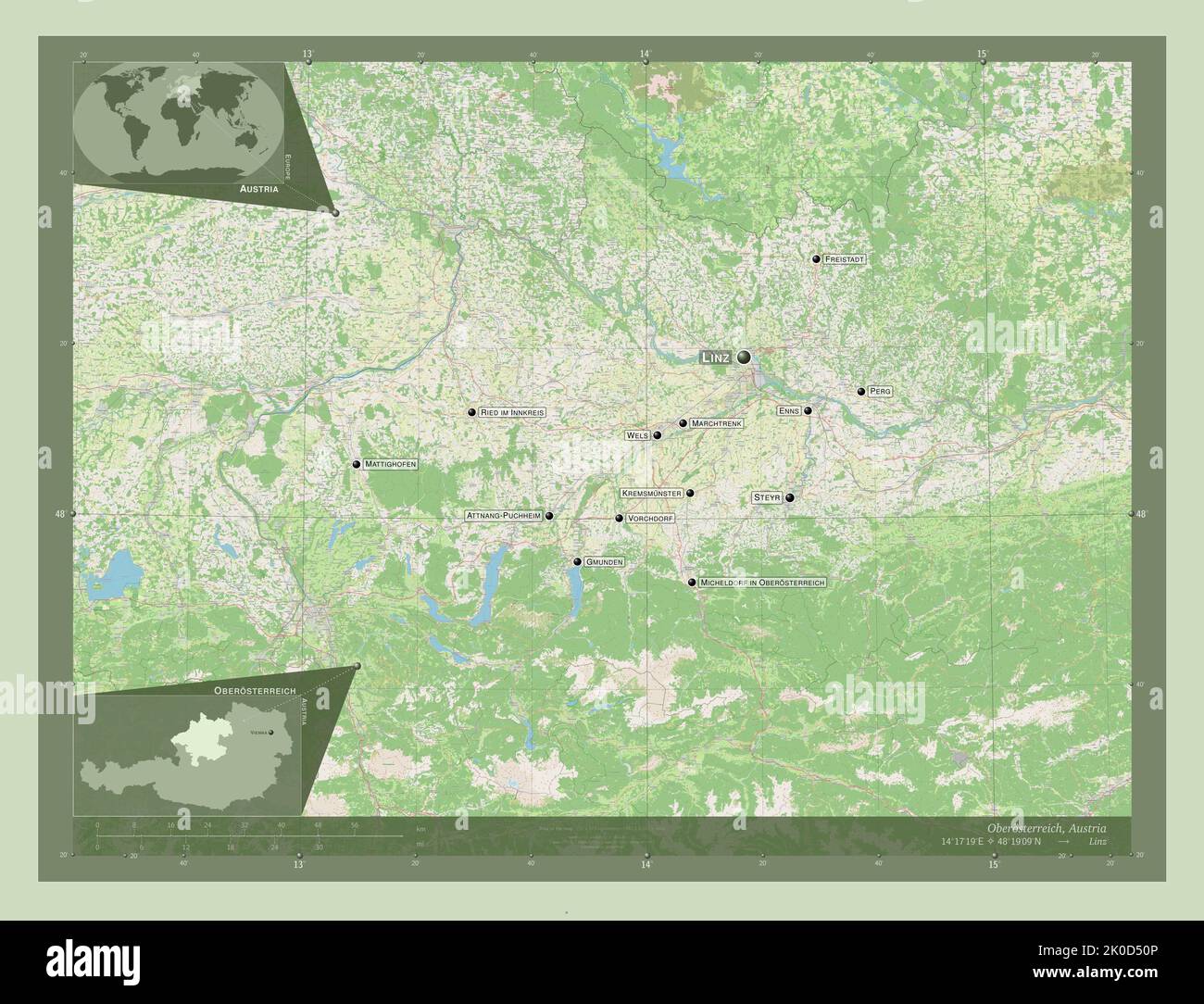 Oberosterreich, state of Austria. Open Street Map. Locations and names ...