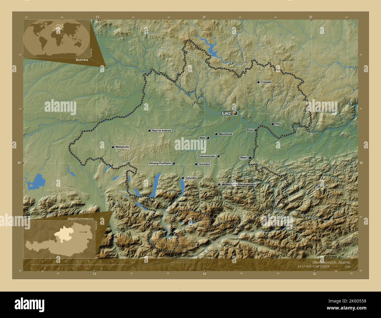 Oberosterreich, state of Austria. Colored elevation map with lakes and ...