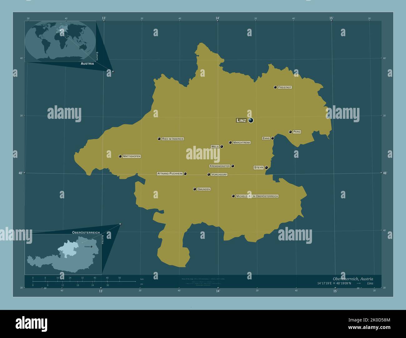Oberosterreich, state of Austria. Solid color shape. Locations and ...