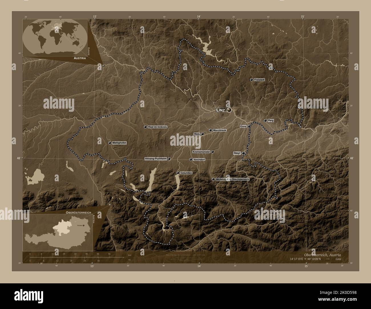 Oberosterreich, state of Austria. Elevation map colored in sepia tones ...