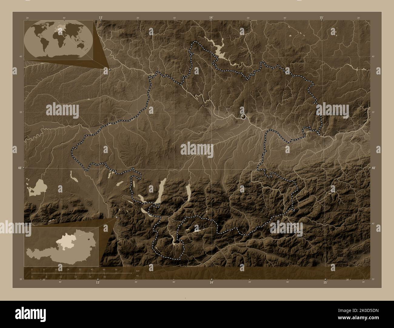 Oberosterreich, state of Austria. Elevation map colored in sepia tones ...