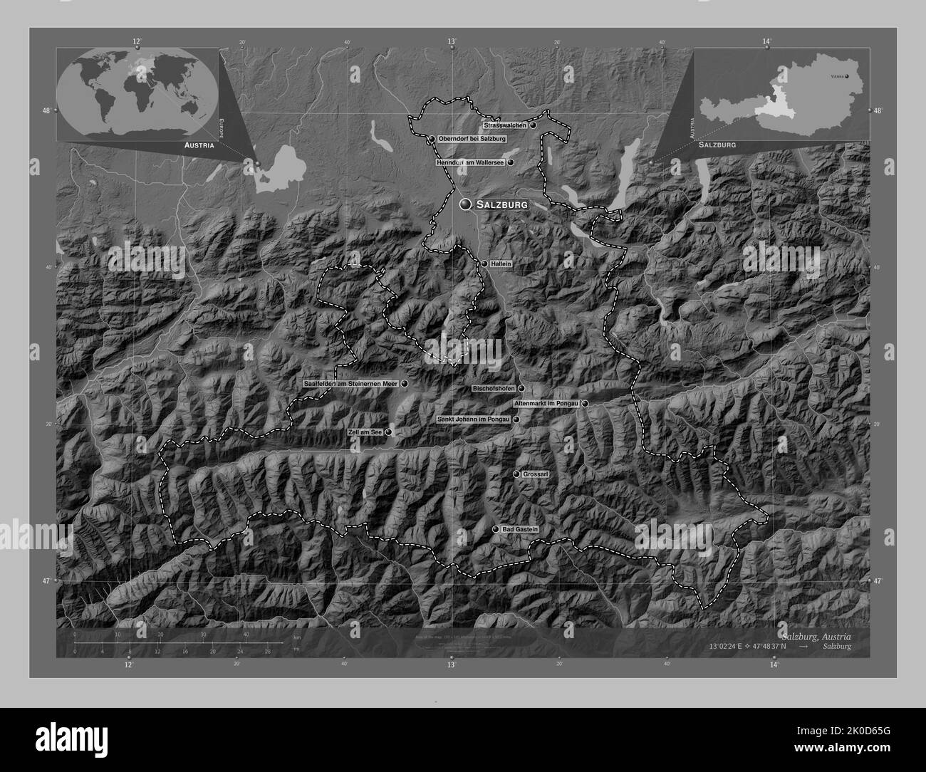 Salzburg, state of Austria. Grayscale elevation map with lakes and rivers. Locations and names ...
