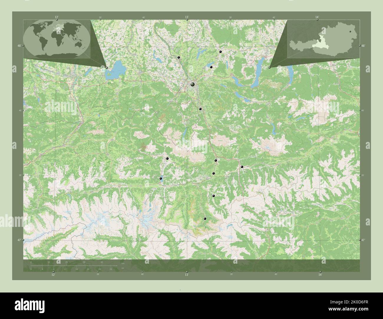 Salzburg, state of Austria. Open Street Map. Locations of major cities ...