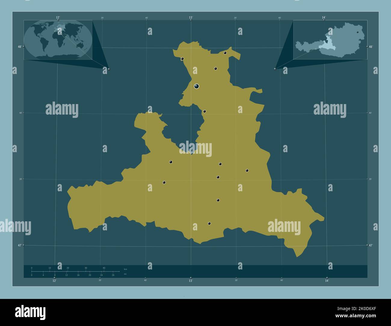 Salzburg, state of Austria. Solid color shape. Locations of major ...