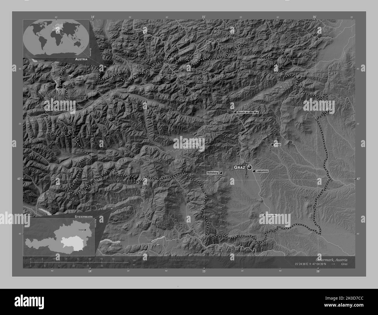 Steiermark, state of Austria. Grayscale elevation map with lakes and rivers. Locations and names ...