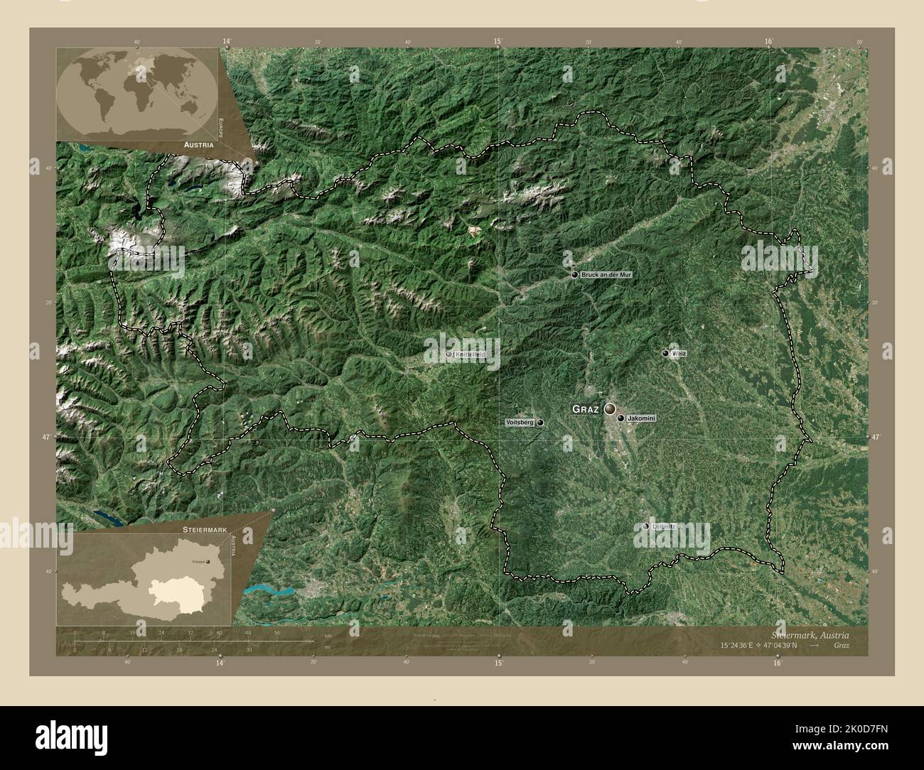 Steiermark, state of Austria. High resolution satellite map. Locations ...
