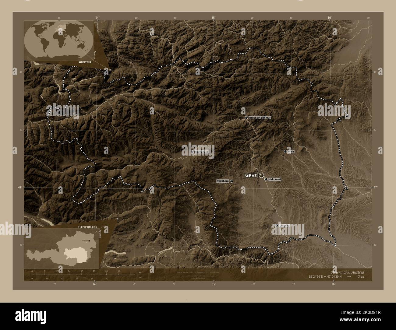 Steiermark, state of Austria. Elevation map colored in sepia tones with ...